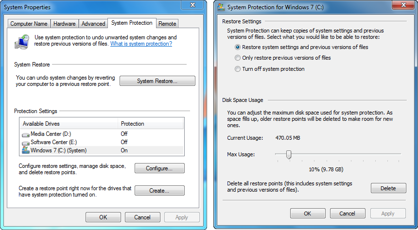 Turn On Off System Protection System Restore Create Restore Points